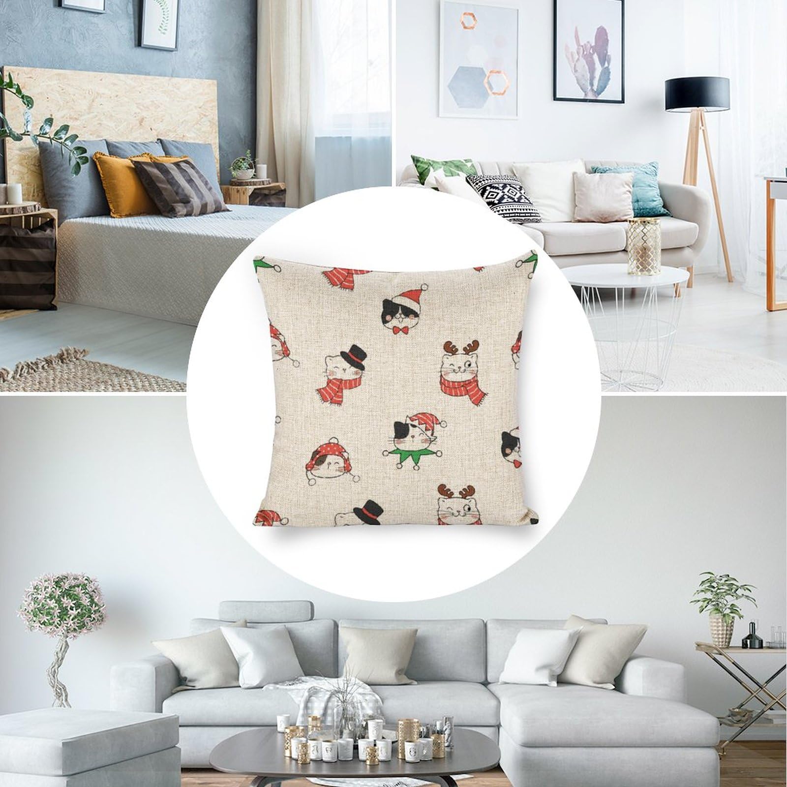 Happy Face Cats Christmas Throw Pillow Covers 18×18 Pillowcases Set of 2 Winter Doodles Linen Decorative Square Pillow Case Cushion Covers Standard Size for Sofa Couch Outdoor Bed Pillow Protectors