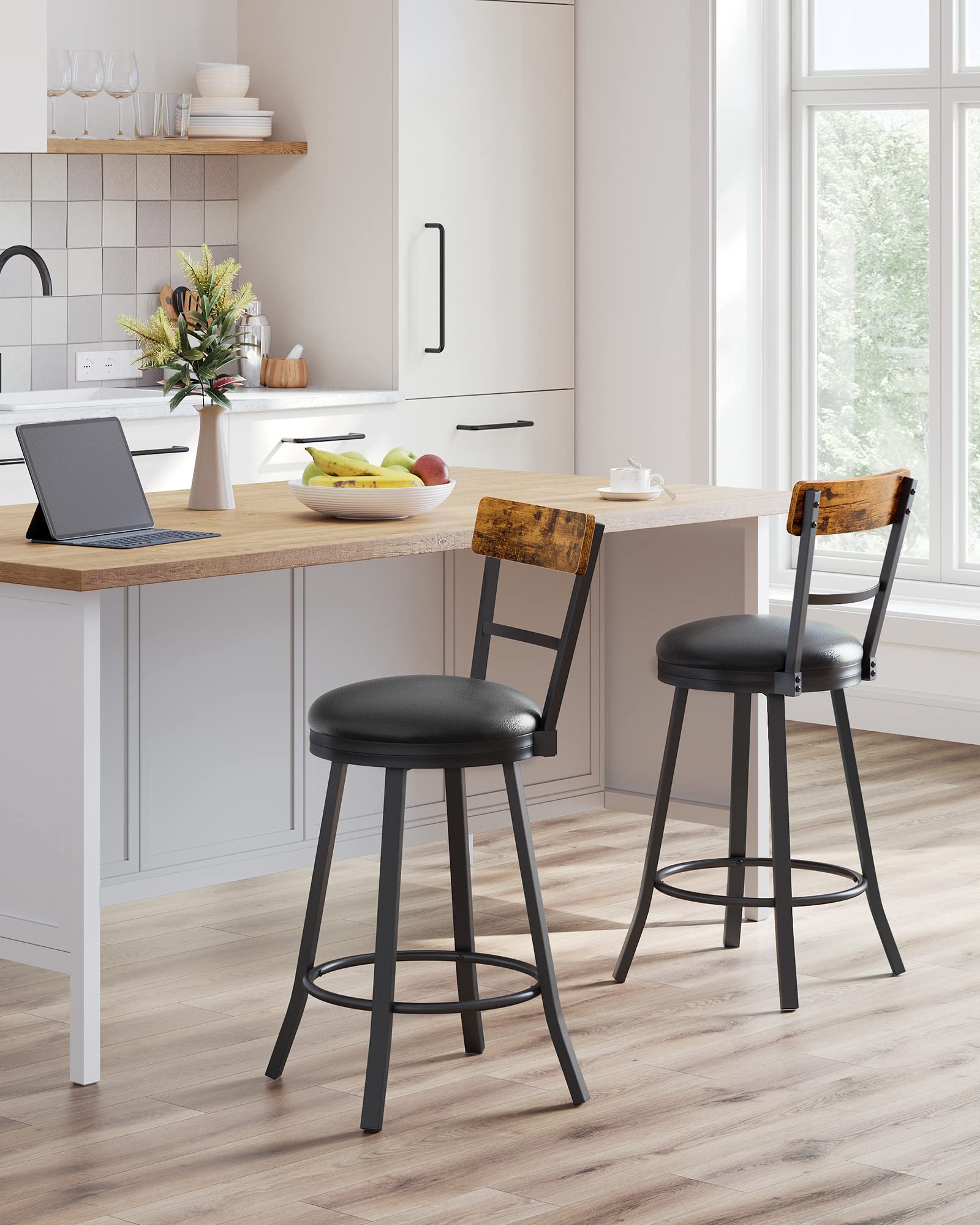 VASAGLE Bar Stool, Swivel Bar Stool, Bar Chair with Back, Metal Steel Frame, 25.8-Inch Cushioned Seat, Footrest, Easy Assembly, Industrial Style for Kitchen Island, Black and Rustic Brown