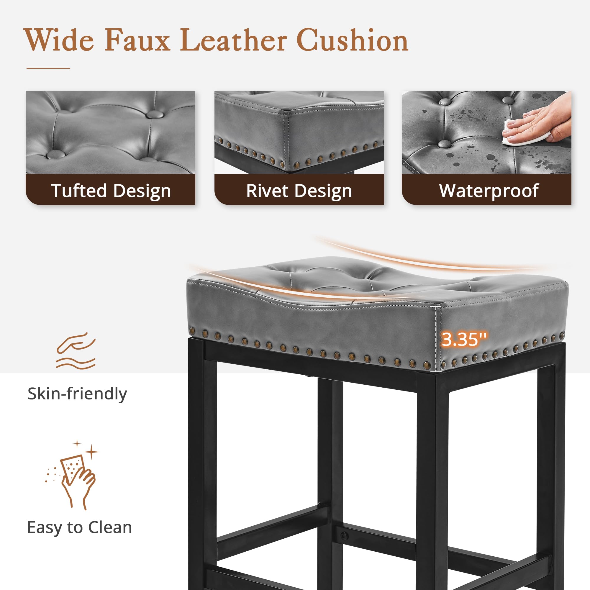 LUE BONA Bar stools Set of 2, 24 Inch Saddle Square Counter Height Bar Stools for Kitchen Island, Modern Backless Faux Leather Counter Stools with Black Metal Legs for Bar, Bistro, Dark Gray