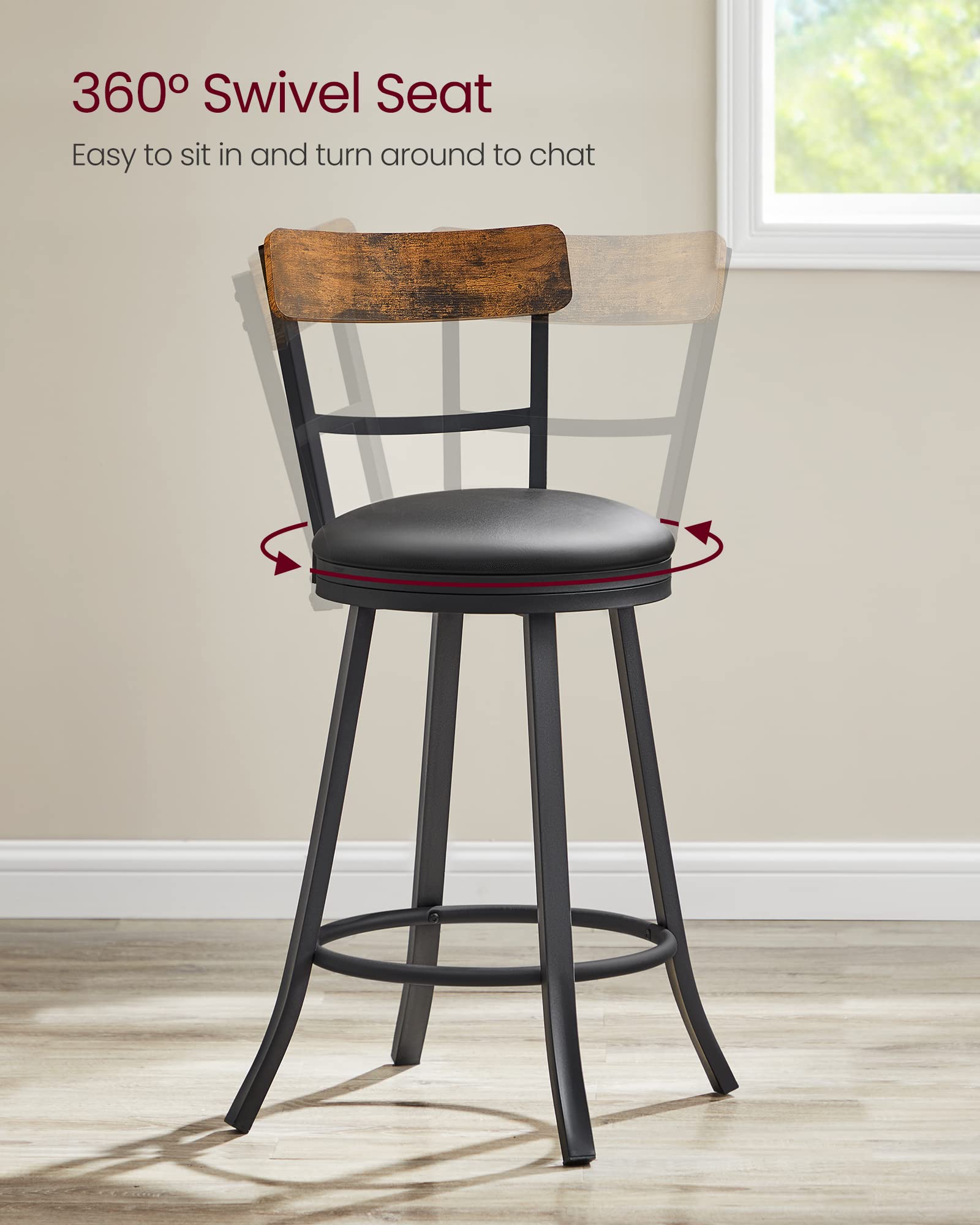 VASAGLE Bar Stool, Swivel Bar Stool, Bar Chair with Back, Metal Steel Frame, 25.8-Inch Cushioned Seat, Footrest, Easy Assembly, Industrial Style for Kitchen Island, Black and Rustic Brown