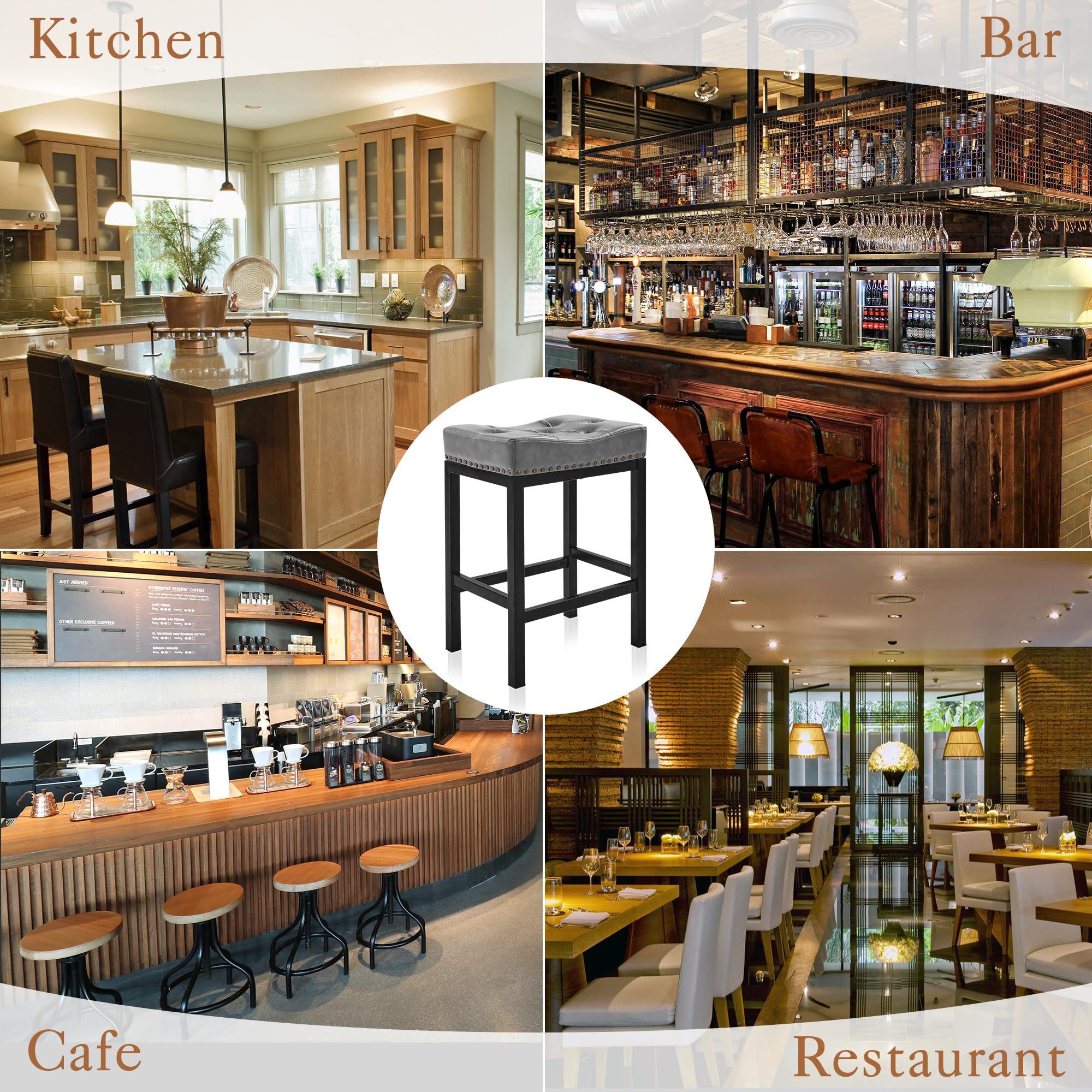 LUE BONA Bar stools Set of 2, 24 Inch Saddle Square Counter Height Bar Stools for Kitchen Island, Modern Backless Faux Leather Counter Stools with Black Metal Legs for Bar, Bistro, Dark Gray