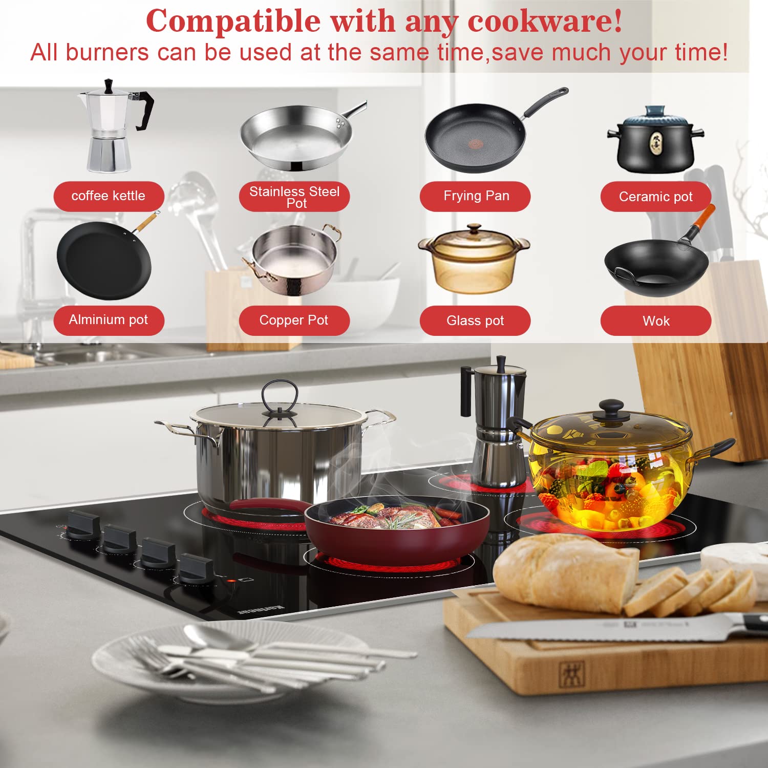 Karinear 30 Inch Electric Cooktop 4 Burners, Knob Control Built-in Ceramic Cooktop, 30" Radiant Electric Stove Top with Glass Protection Metal Frame,Hot Surface Indicator, 220-240v, Hard Wire, No Plug