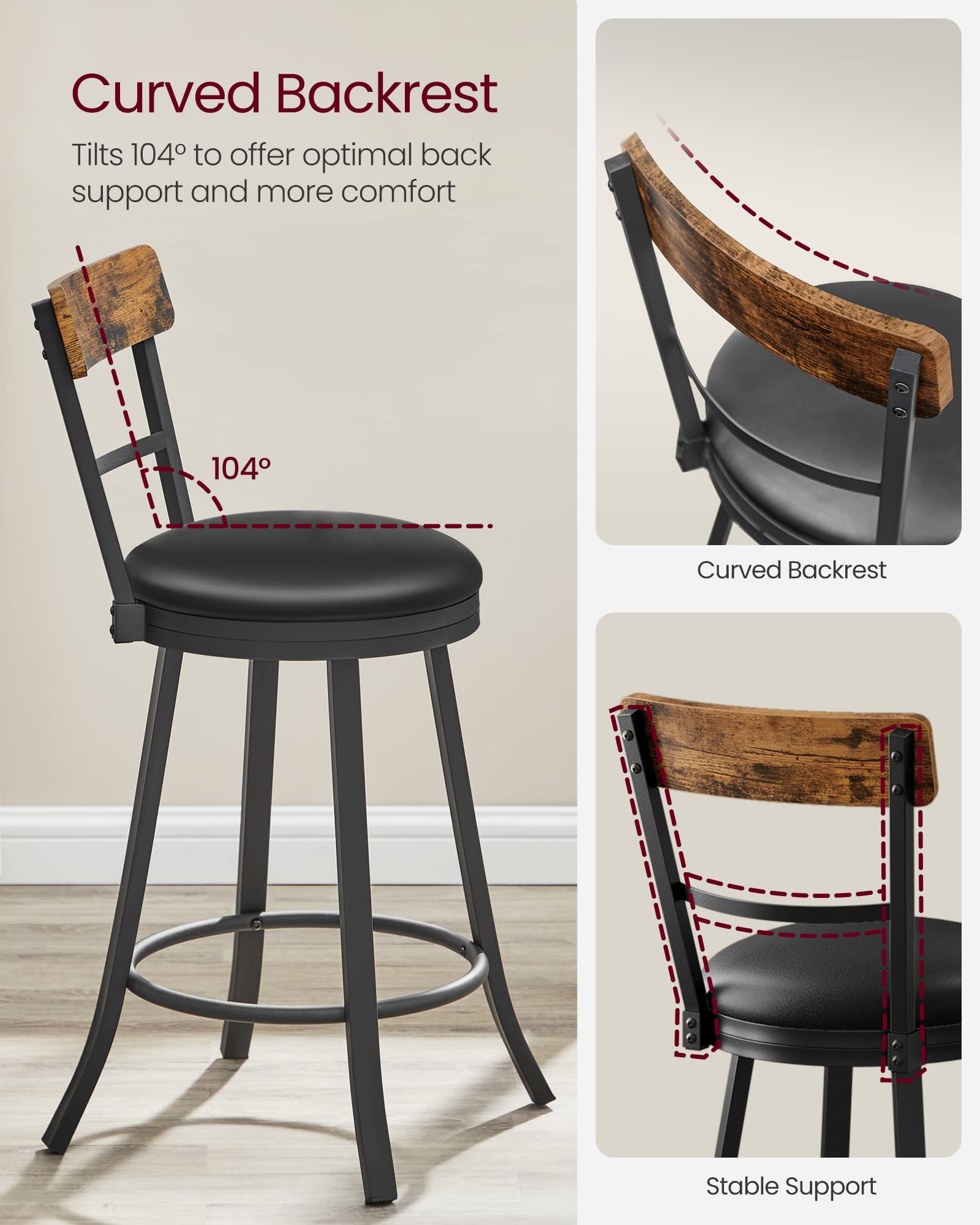 VASAGLE Bar Stool, Swivel Bar Stool, Bar Chair with Back, Metal Steel Frame, 25.8-Inch Cushioned Seat, Footrest, Easy Assembly, Industrial Style for Kitchen Island, Black and Rustic Brown