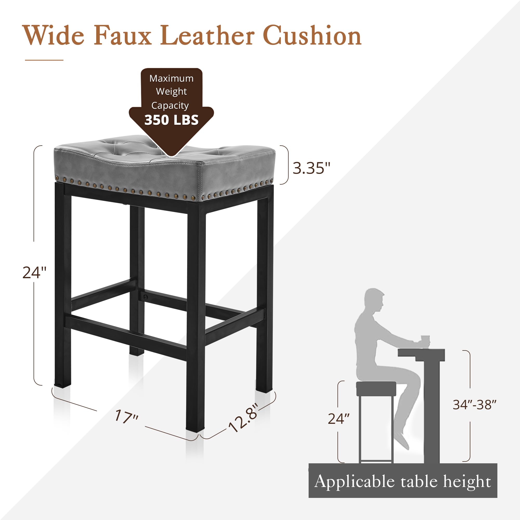 LUE BONA Bar stools Set of 2, 24 Inch Saddle Square Counter Height Bar Stools for Kitchen Island, Modern Backless Faux Leather Counter Stools with Black Metal Legs for Bar, Bistro, Dark Gray