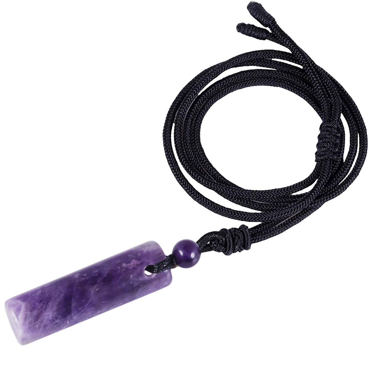 Nupuyai Cylinder Amethyst Pendant Necklace for Unisex, Wand Amulet Reiki Stone Adjustable Braided Cord 18"-27"