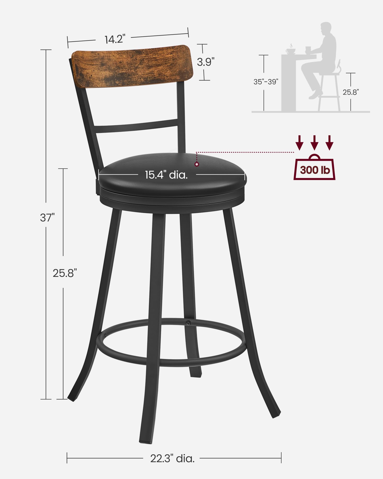 VASAGLE Bar Stool, Swivel Bar Stool, Bar Chair with Back, Metal Steel Frame, 25.8-Inch Cushioned Seat, Footrest, Easy Assembly, Industrial Style for Kitchen Island, Black and Rustic Brown