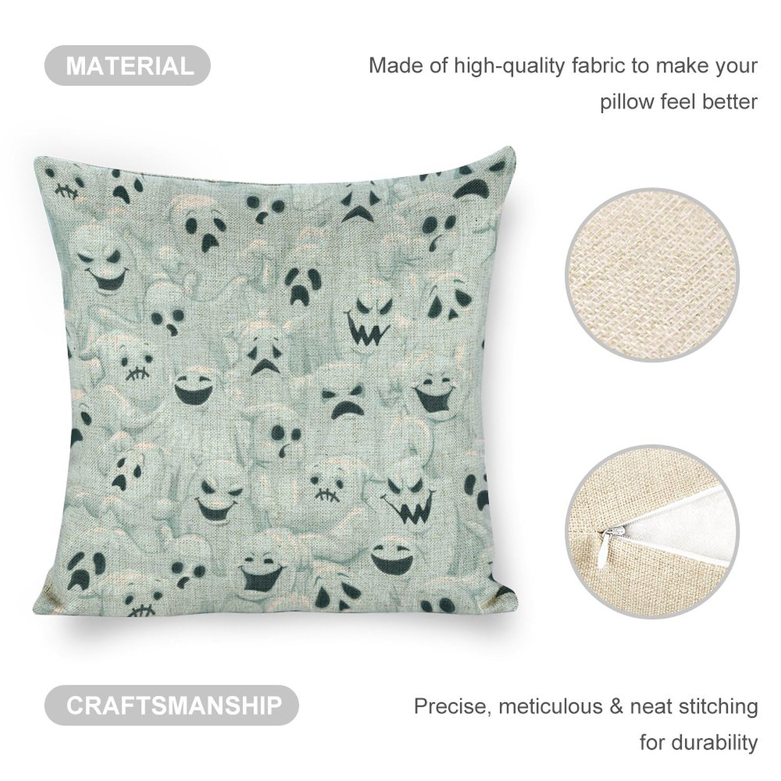 Cartoon Halloween Ghosts Pattern Throw Pillow Covers 18×18 Pillowcases Set of 2 Funny Linen Decorative Square Pillow Case Cushion Covers Standard Size for Sofa Couch Outdoor Bed Pillow Protectors