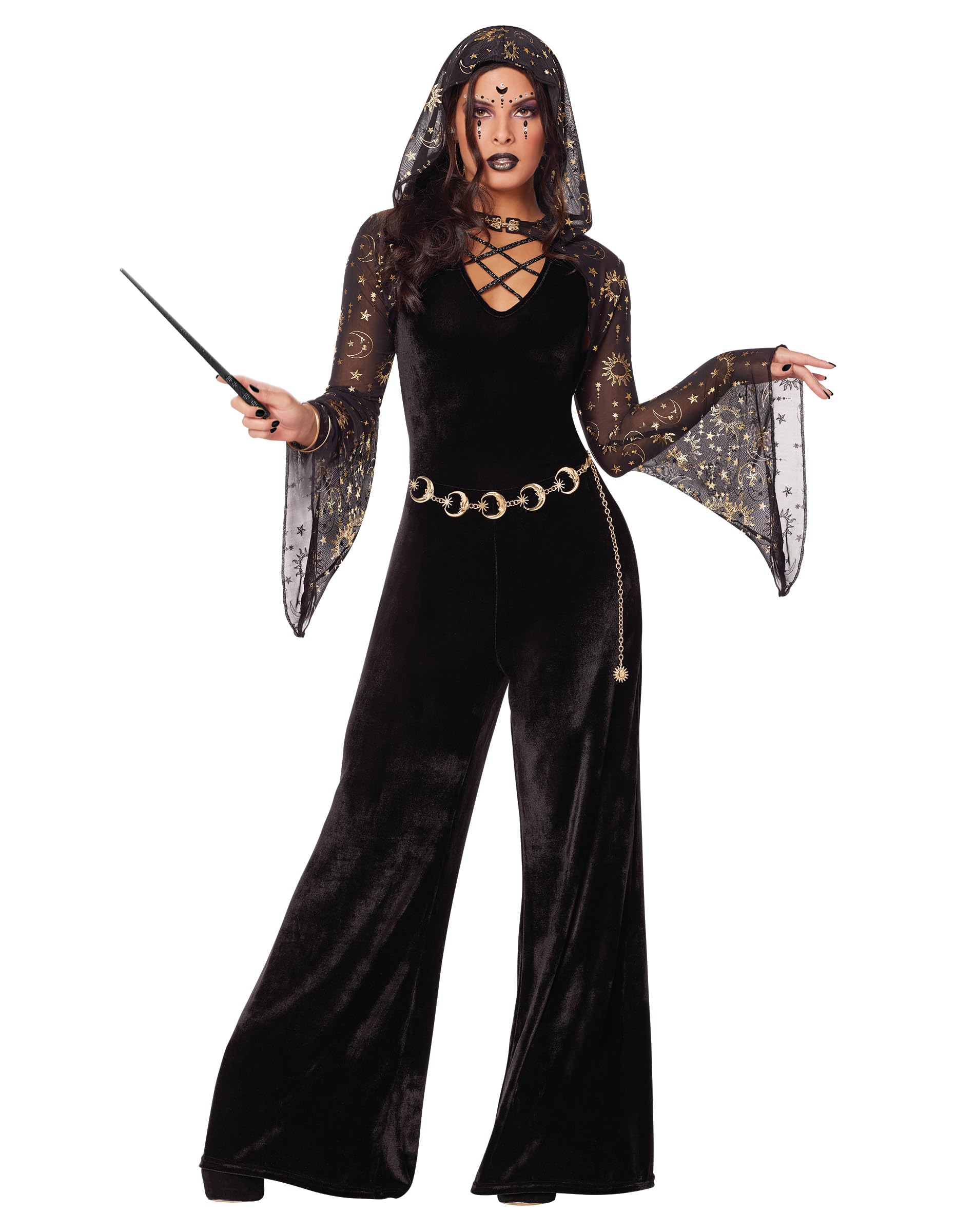Spirit Halloween Adult Spellbinding Witch Jumpsuit Costume - XL | Witch Outfit | Black Velour Jumpsuit with Sheer Bell Sleeves