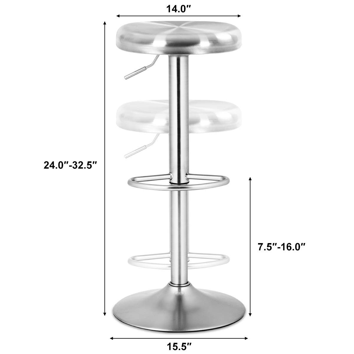 COSTWAY Bar Stools Set of 2, Modern Swivel Adjustable Height Barstool with Footrest, Stainless Steel Round Top Bar Height Barstools for Pub Bistro Kitchen Dining