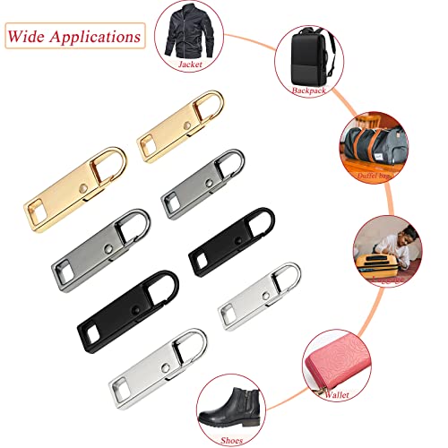 Urmspst Zipper Pull Replacement (Upgraded), 12 Pcs Detachable Zipper Pull Tabs for Luggage Clothing Jackets Backpacks Boots Purse Coat(2Size, 2 Color Black, Silver)