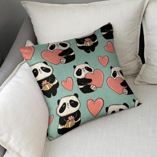 Cute Panda Heart Throw Pillow Covers 18×18 Pillowcases Set of 2 Happy Valentine's Day Linen Decorative Square Pillow Case Cushion Covers Standard Size for Sofa Couch Outdoor Bed Pillow Protectors