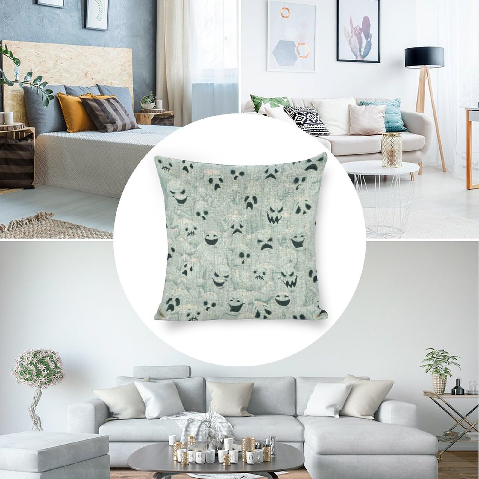 Cartoon Halloween Ghosts Pattern Throw Pillow Covers 18×18 Pillowcases Set of 2 Funny Linen Decorative Square Pillow Case Cushion Covers Standard Size for Sofa Couch Outdoor Bed Pillow Protectors