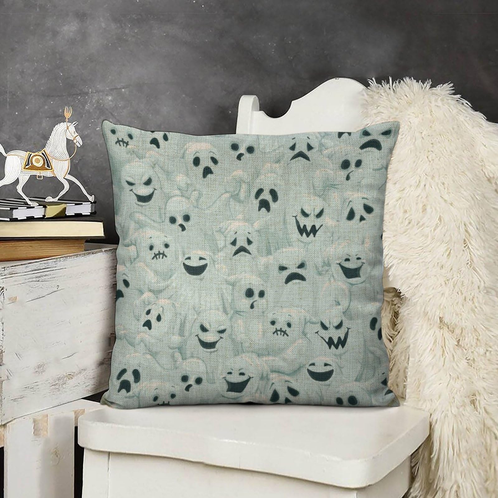 Cartoon Halloween Ghosts Pattern Throw Pillow Covers 18×18 Pillowcases Set of 2 Funny Linen Decorative Square Pillow Case Cushion Covers Standard Size for Sofa Couch Outdoor Bed Pillow Protectors