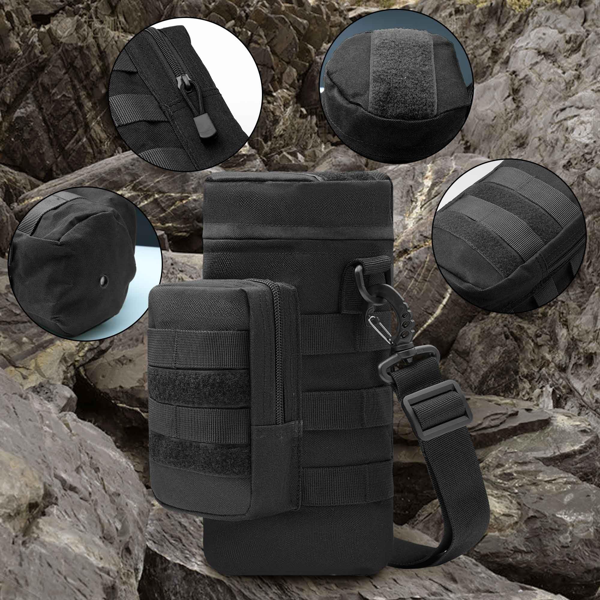 Molle Water Bottle Pouch, Tactical Black Water Holder Carrier with Pocket Stap for Hiking Camping