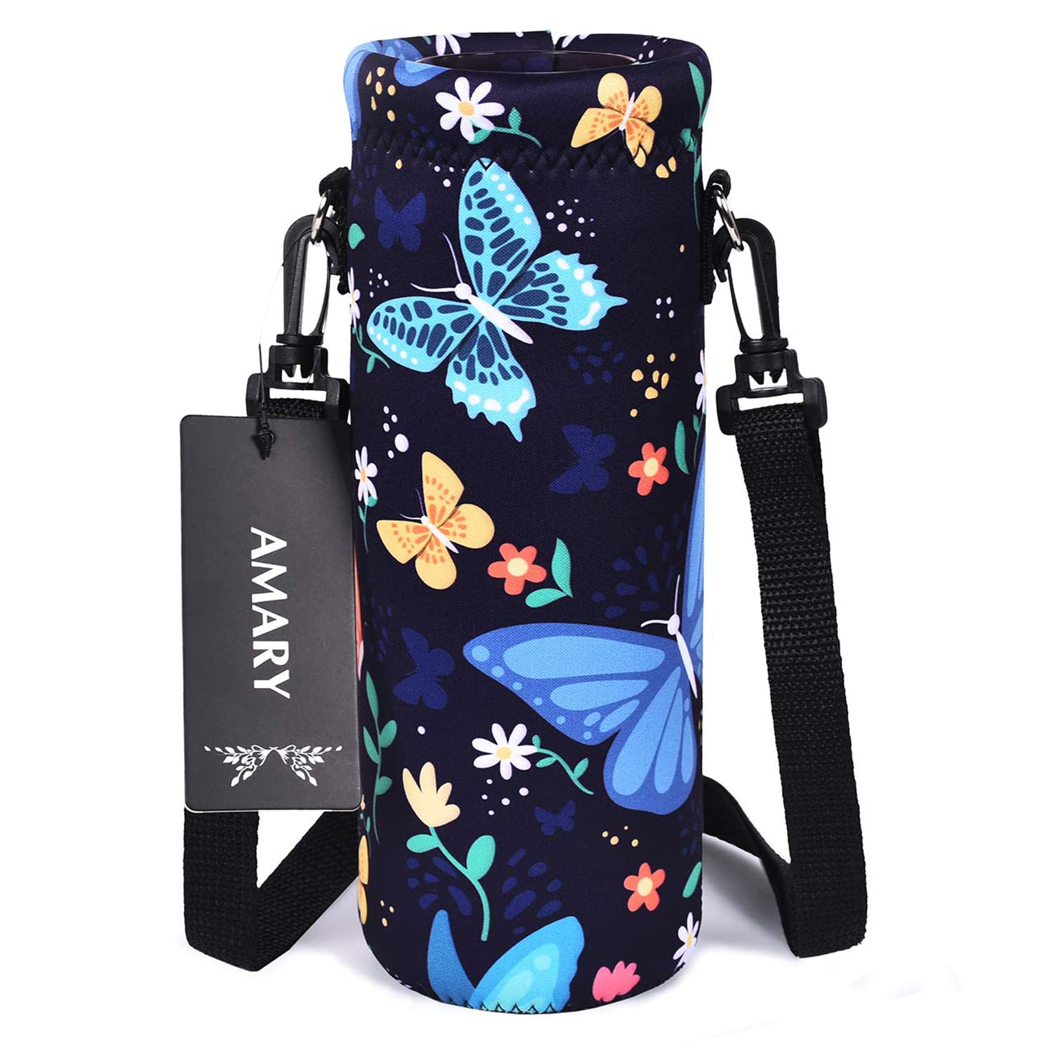 AMARY 1000ML Neoprene Water Bottle Carrier Bag with Adjustable Shoulder Strap,Insulated Water Bottle Cover for Stainless Steel/Glass/Plastic Bottles 34OZ (Butterfly-2)