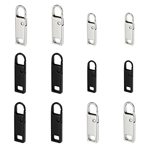 Urmspst Zipper Pull Replacement (Upgraded), 12 Pcs Detachable Zipper Pull Tabs for Luggage Clothing Jackets Backpacks Boots Purse Coat(2Size, 2 Color Black, Silver)
