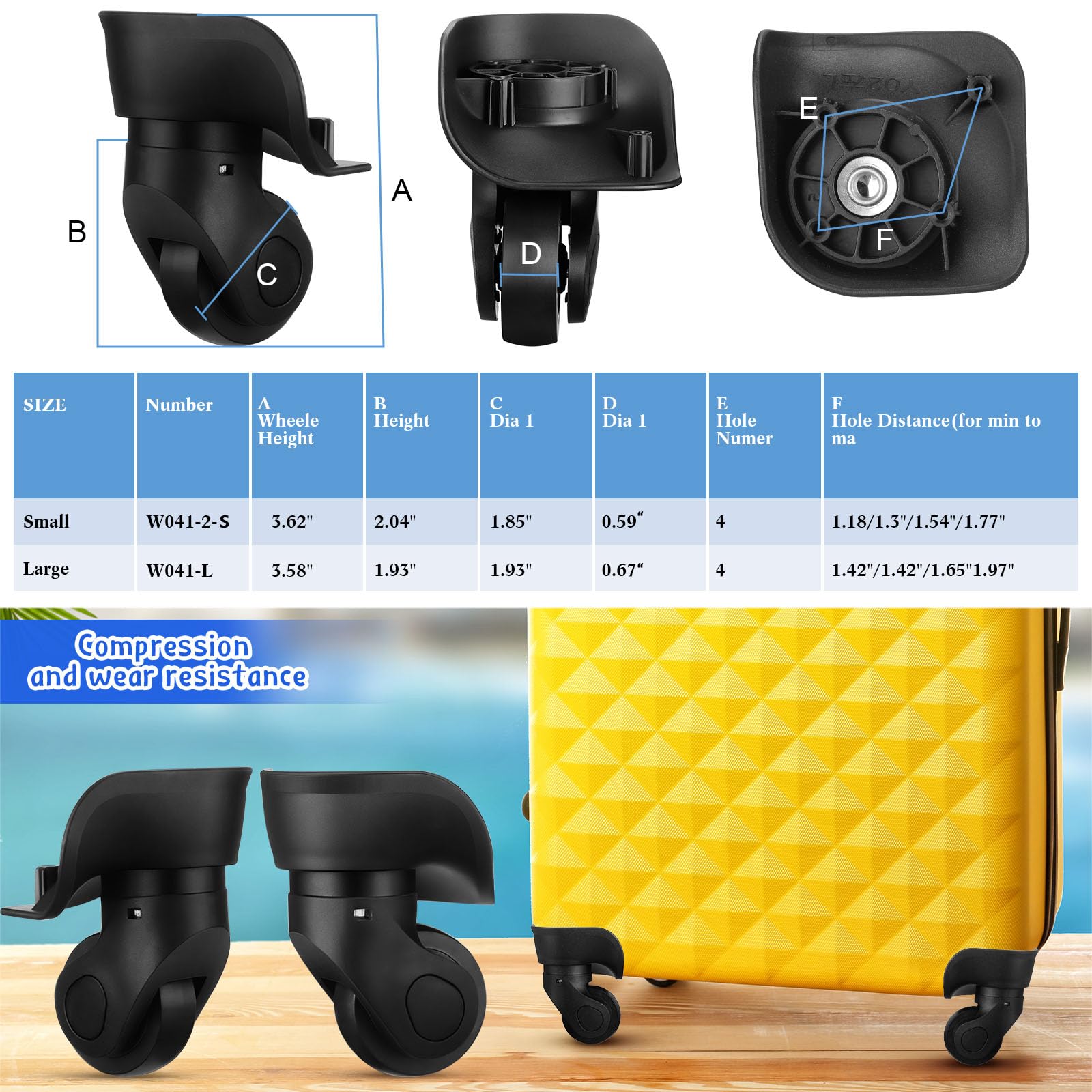 Silkfly 4 Pcs Luggage Wheels Replacement Travel Suitcase Caster Wheels Mute Bearing Swivel Wheel with Screw Replacement Left and Right Wheels for Luggage