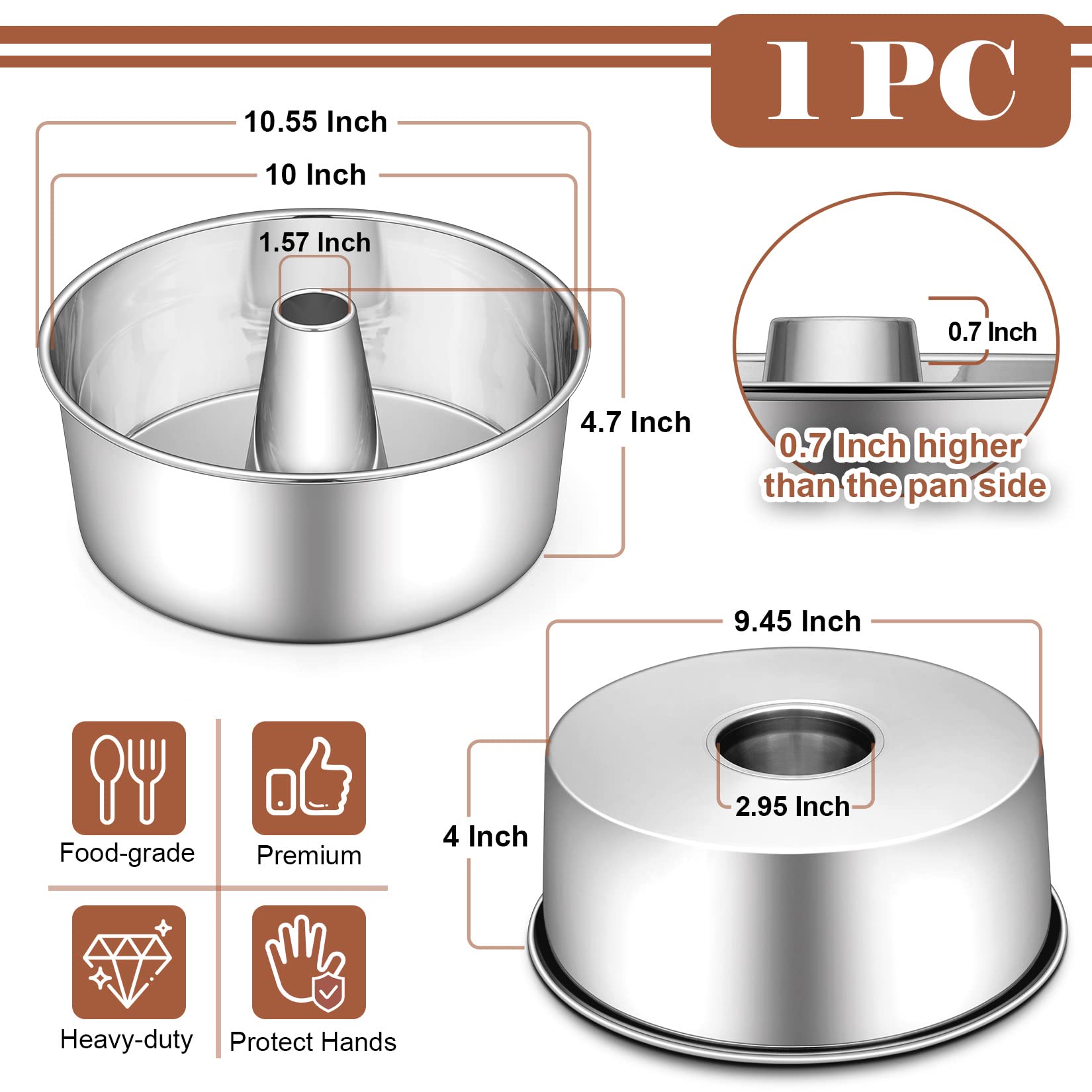 P&P CHEF Angel Food Cake Pan, 10 Inch Cake Pan Round Baking Tube Tin for Baking Pound Cakes, Conical Hollow & One-piece Design, Stainless Steel Core & Heavy-duty, Oven Safe - Silver
