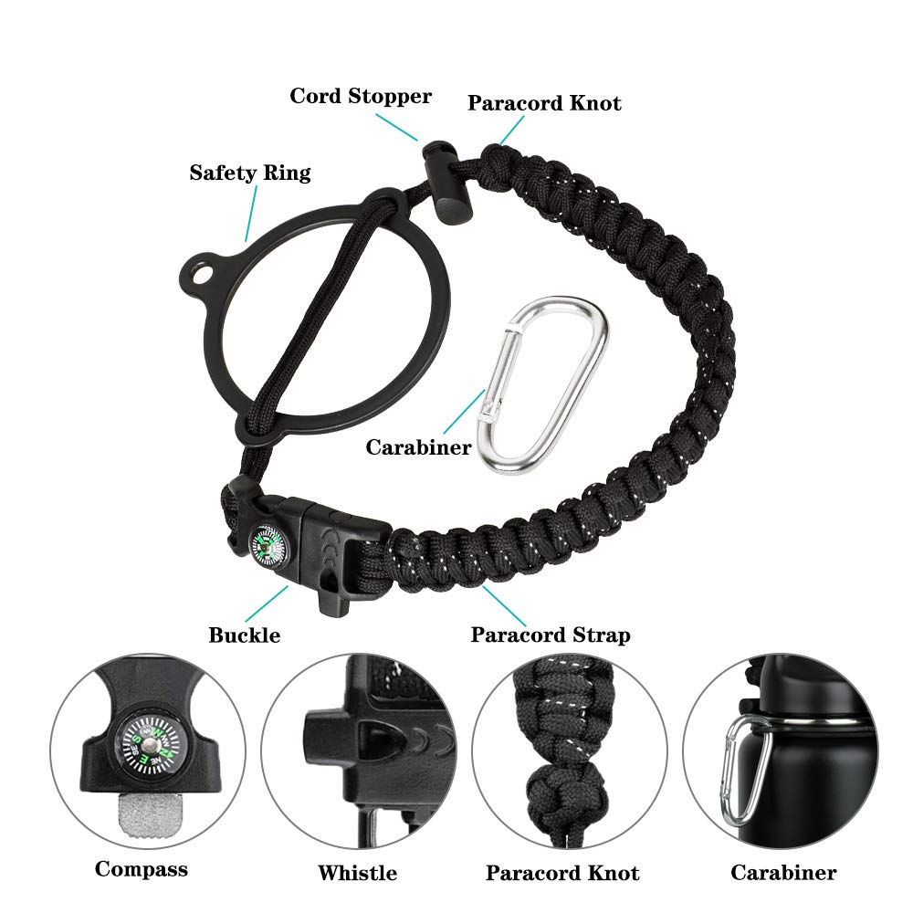 Paracord Handle - Fits Wide Mouth Bottles 12oz to 64oz - Durable Carrier, Paracord Carrier Strap Cord with Safety Ring,Compass and Carabiner - Ideal Water Bottle Handle Strap (Purple Blue Wide)