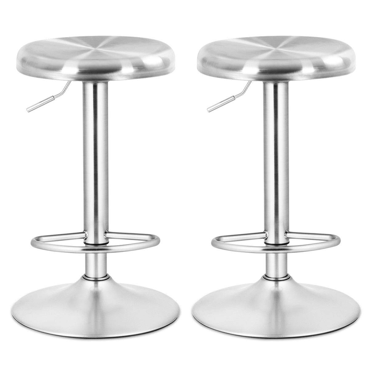 COSTWAY Bar Stools Set of 2, Modern Swivel Adjustable Height Barstool with Footrest, Stainless Steel Round Top Bar Height Barstools for Pub Bistro Kitchen Dining