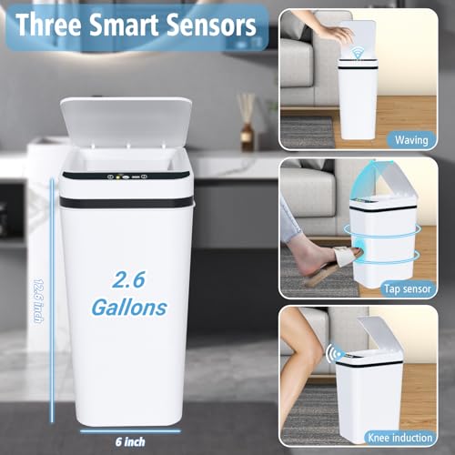 jinligogo Bathroom Small Trash Can with Lid, 2.6 Gallon Touchless Automatic Garbage Can Slim Waterproof Motion Sensor Smart Trash Bin for Bedroom, Office, Living Room-White