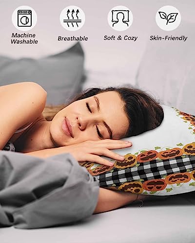 Edwiinsa Halloween Pillow Covers King Standard Set of 2 Bed Pillow, Black White Plaid Pumpkin Green Leaves Plush Soft Comfort for Hair/Skin Cooling Pillowcases with Envelop Closure 20''x36''