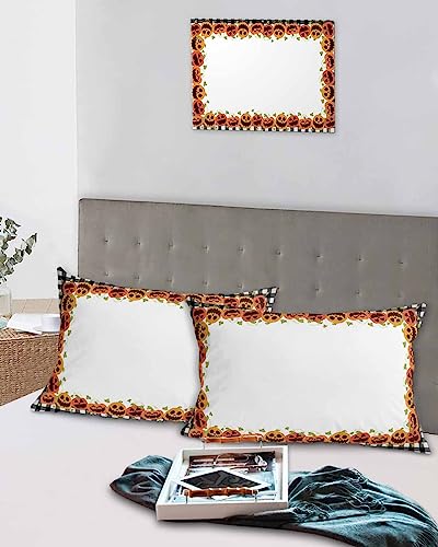 Edwiinsa Halloween Pillow Covers King Standard Set of 2 Bed Pillow, Black White Plaid Pumpkin Green Leaves Plush Soft Comfort for Hair/Skin Cooling Pillowcases with Envelop Closure 20''x36''