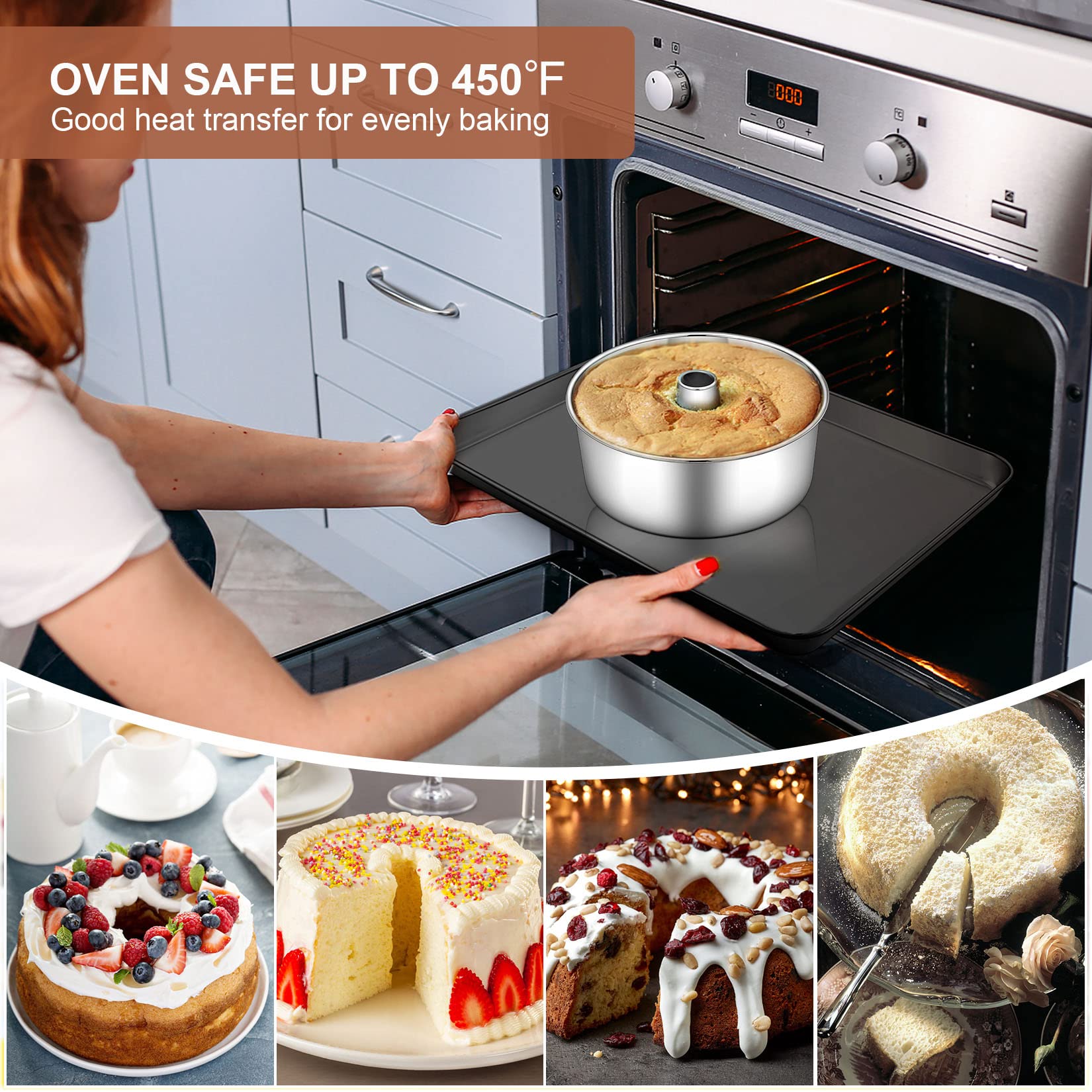 P&P CHEF Angel Food Cake Pan, 10 Inch Cake Pan Round Baking Tube Tin for Baking Pound Cakes, Conical Hollow & One-piece Design, Stainless Steel Core & Heavy-duty, Oven Safe - Silver