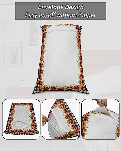 Edwiinsa Halloween Pillow Covers King Standard Set of 2 Bed Pillow, Black White Plaid Pumpkin Green Leaves Plush Soft Comfort for Hair/Skin Cooling Pillowcases with Envelop Closure 20''x36''