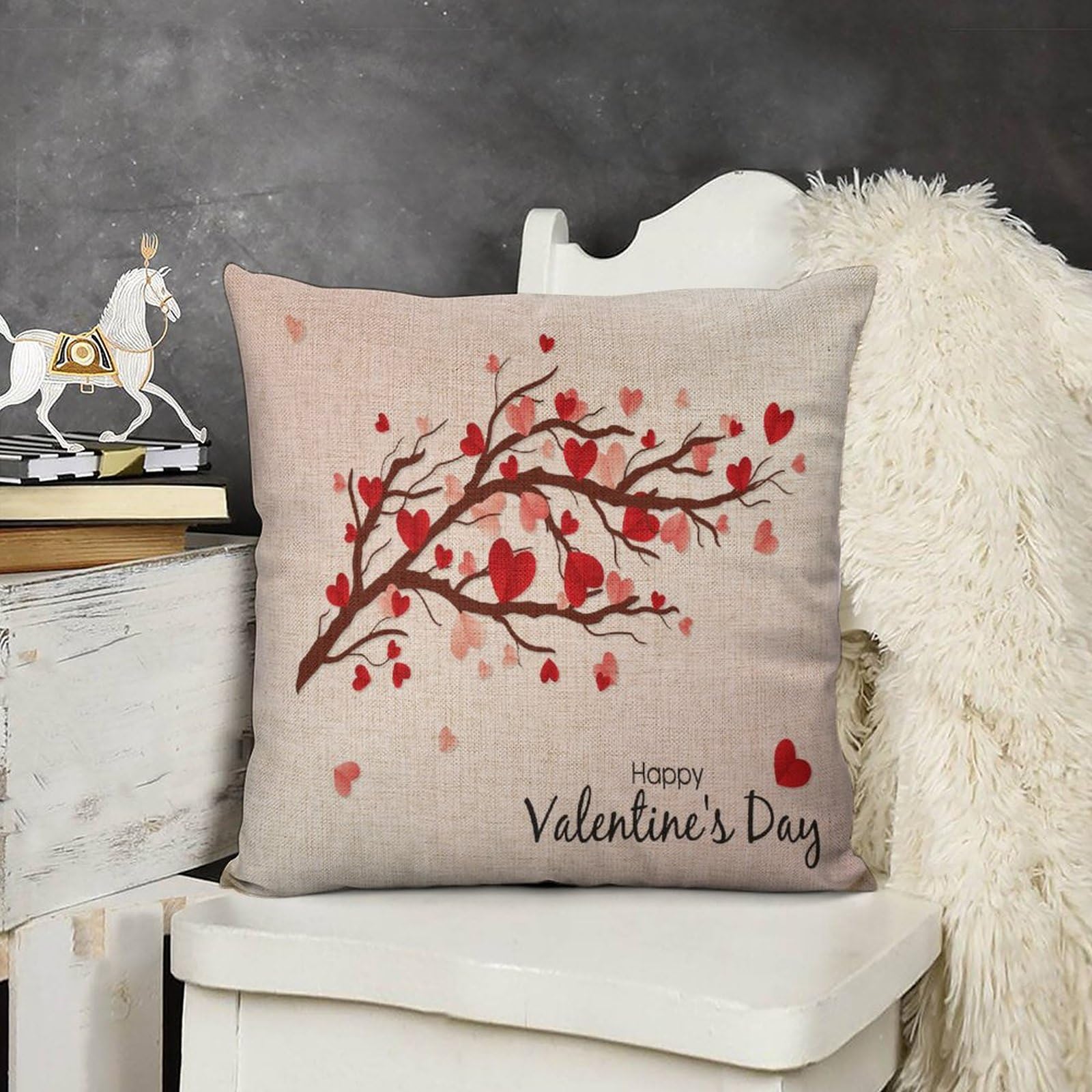 Happy Valentine's Day Throw Pillow Covers 18×18 Pillowcases Set of 2 Love Heart Branch Linen Decorative Square Pillow Case Cushion Covers Standard Size for Sofa Couch Outdoor Bed Pillow Protectors
