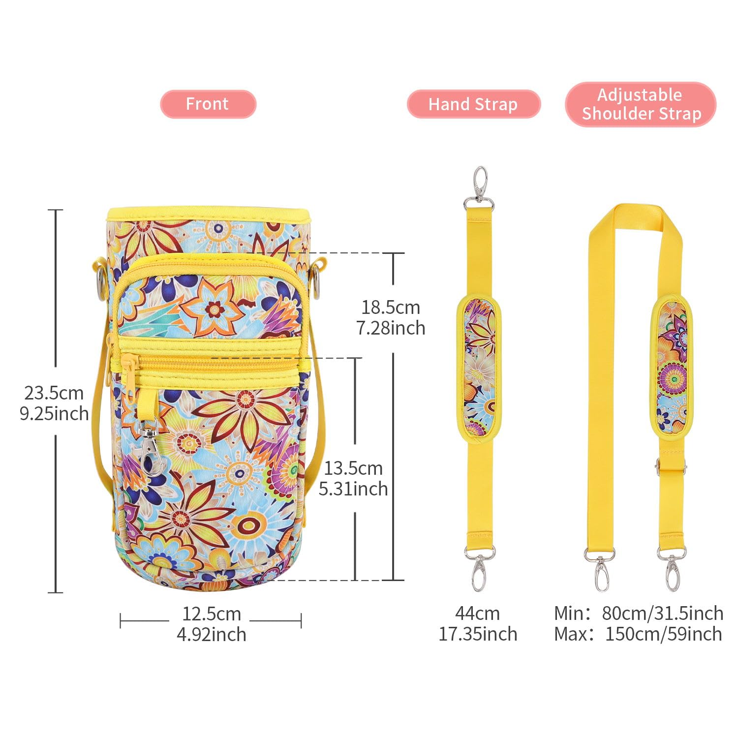AJLTPA Half Gallon Water Bottle Sleeve with Strap and 2 Pockets, 64 oz Water Bottle Holder Carrier Compatible with Yeti & RTIC Half Gallon Jugs, 64oz Hydro Flask (Bright Floral)