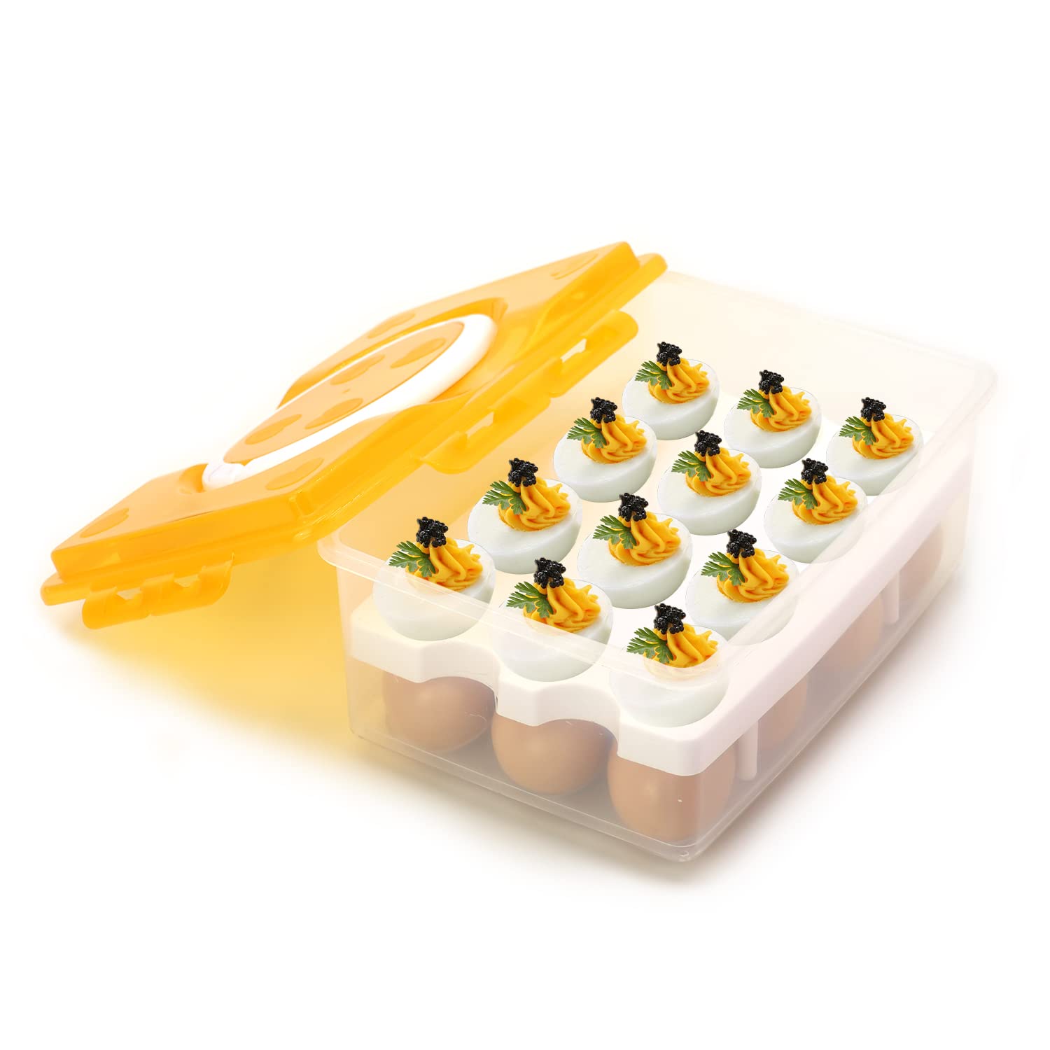 2 Tiers Egg Container Deviled Egg Carrier Eggs Holder with Handle Fridge Freezer Storage by DELIFUR (Orange)