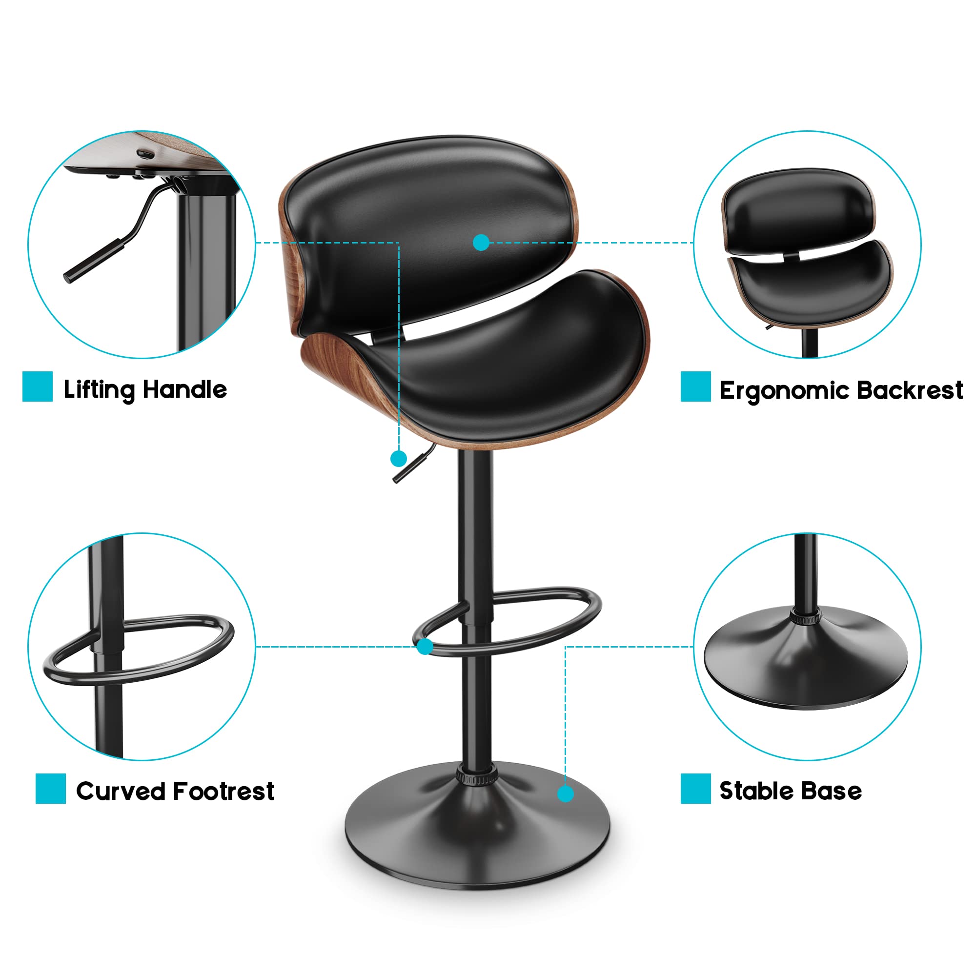 ONME Bar Stools Set of 2, Adjustable Height Swivel Bar Stools, PU Leather Upholstered Bar Chair with Back and Footrest for Bar, Kitchen, Dining Room, Dark Black