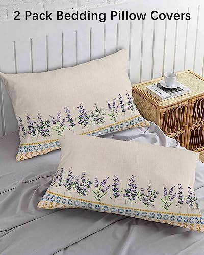 Edwiinsa Boho Flower Pillow Covers Standard Size Set of 2 20x26 Bed Pillow, Spring Floral Purple Modern Geometric Plush Soft Comfort for Hair/Skin Cooling Pillowcases with Envelop Closure