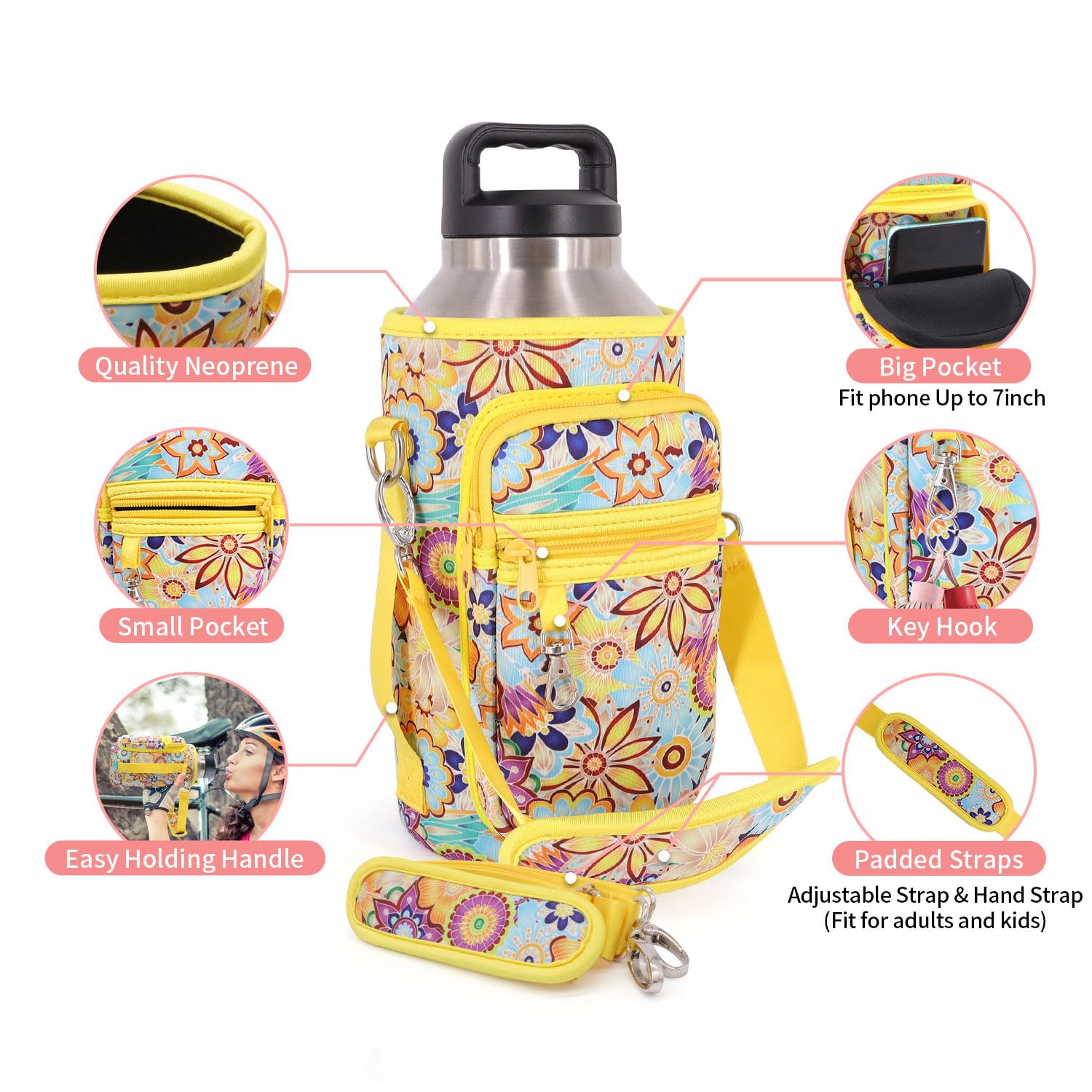 AJLTPA Half Gallon Water Bottle Sleeve with Strap and 2 Pockets, 64 oz Water Bottle Holder Carrier Compatible with Yeti & RTIC Half Gallon Jugs, 64oz Hydro Flask (Bright Floral)