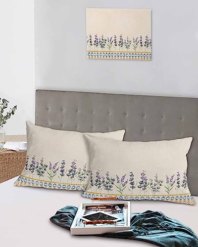 Edwiinsa Boho Flower Pillow Covers Standard Size Set of 2 20x26 Bed Pillow, Spring Floral Purple Modern Geometric Plush Soft Comfort for Hair/Skin Cooling Pillowcases with Envelop Closure