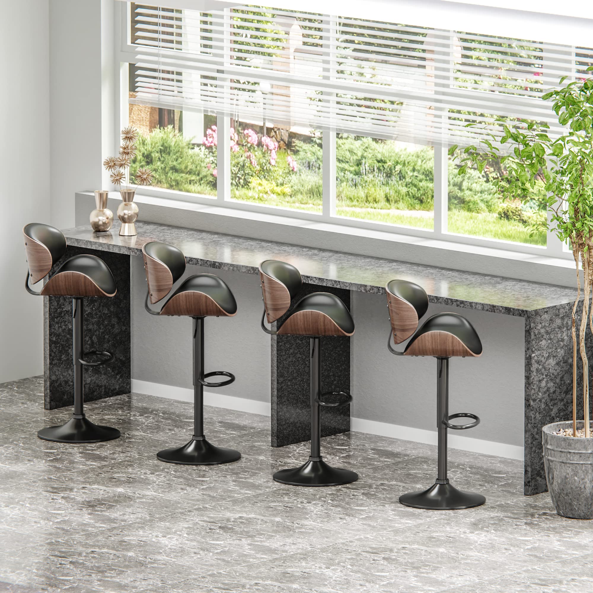 ONME Bar Stools Set of 2, Adjustable Height Swivel Bar Stools, PU Leather Upholstered Bar Chair with Back and Footrest for Bar, Kitchen, Dining Room, Dark Black
