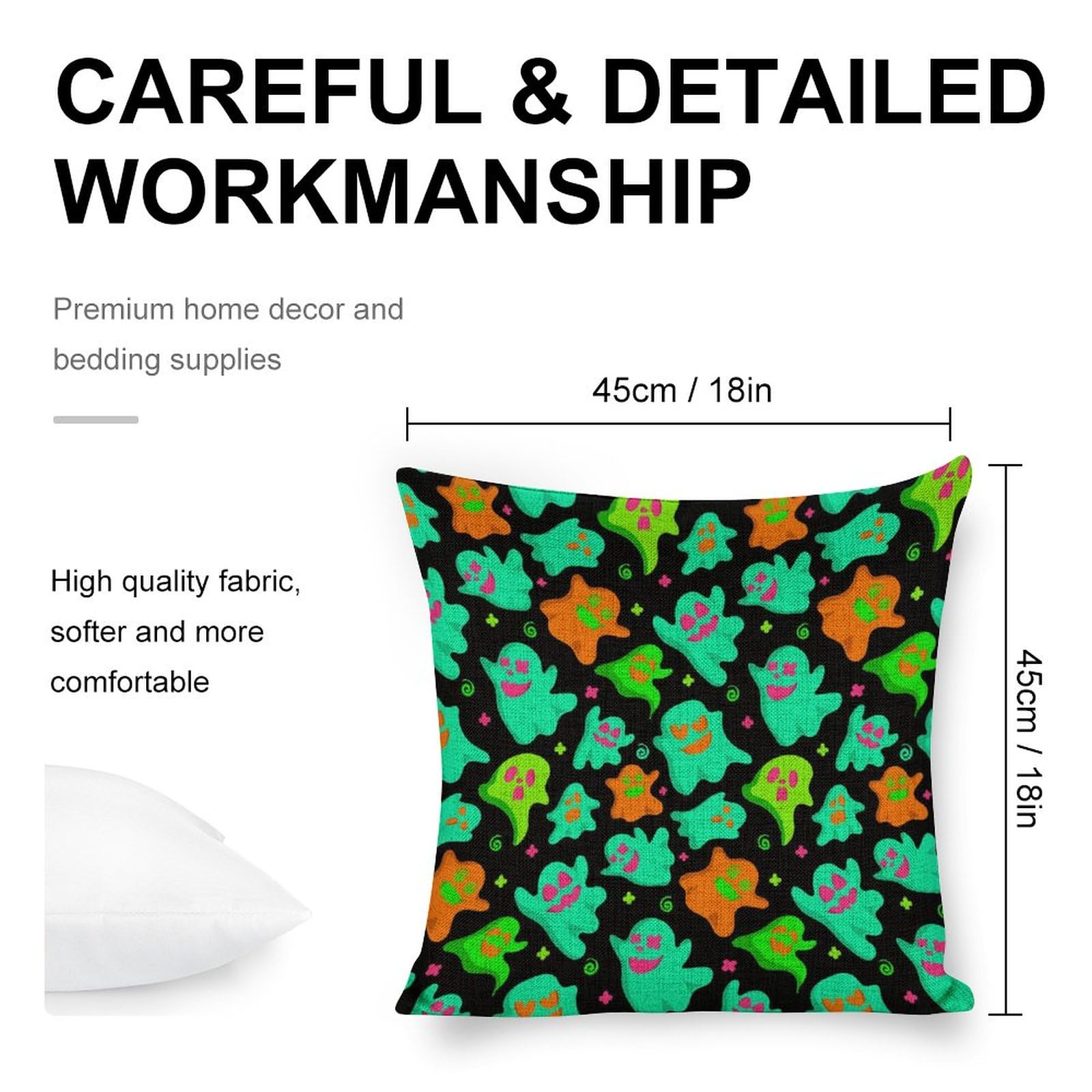 Happy Halloween Cute Ghost Throw Pillow Covers 18×18 Pillowcases Set of 2 Green Glitter Linen Decorative Square Pillow Case Cushion Covers Standard Size for Sofa Couch Outdoor Bed Pillow Protectors