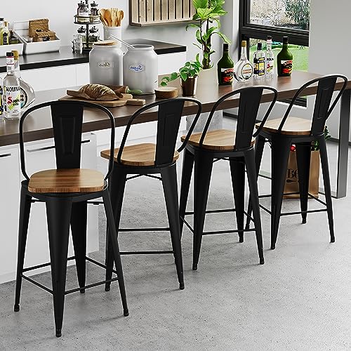 Andeworld 26 Inch Swivel Bar Stools Industrial Metal Barstools High Back Dining Bar Chairs Counter Height Stools with Wooden Seat Set of 4(26inch, Black)