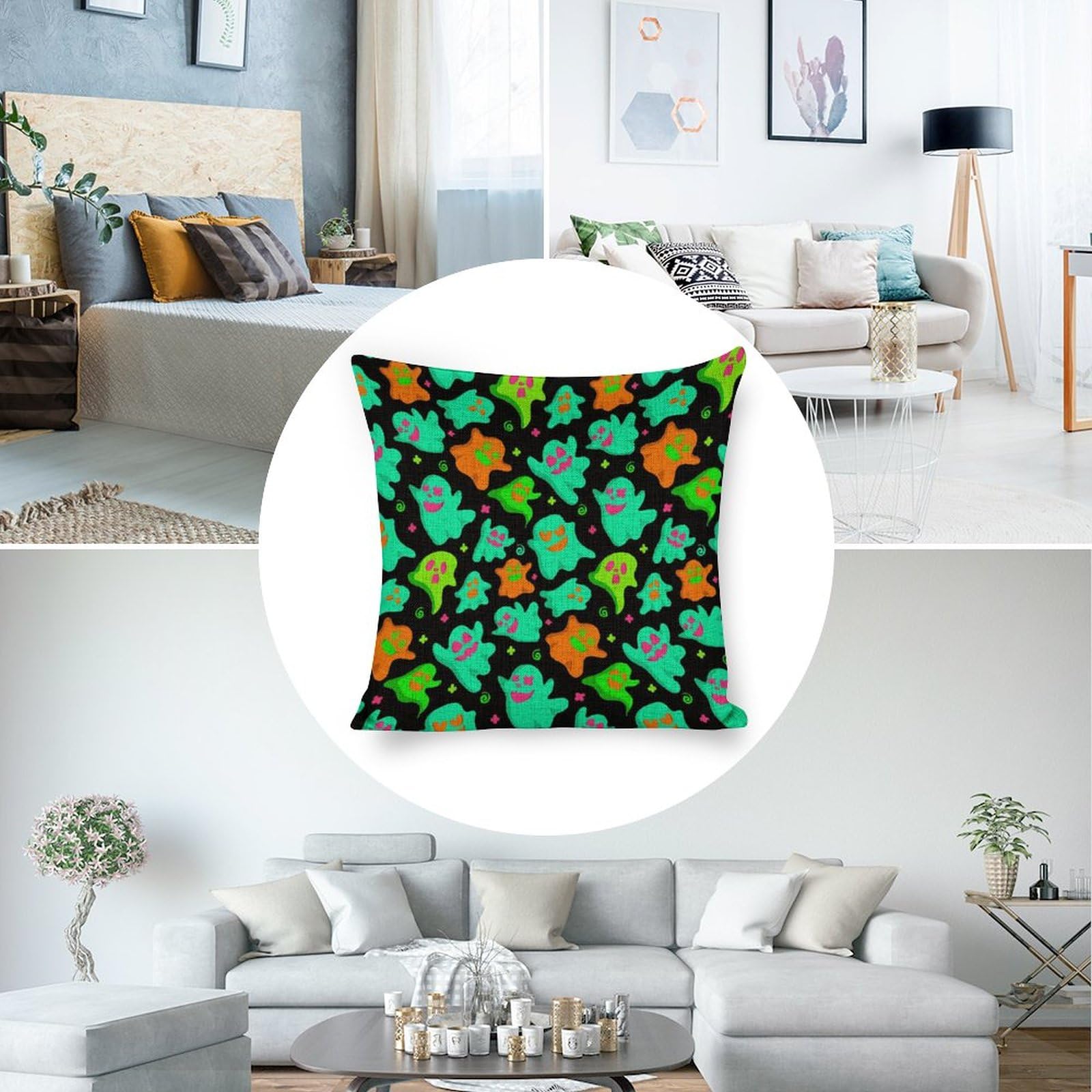 Happy Halloween Cute Ghost Throw Pillow Covers 18×18 Pillowcases Set of 2 Green Glitter Linen Decorative Square Pillow Case Cushion Covers Standard Size for Sofa Couch Outdoor Bed Pillow Protectors