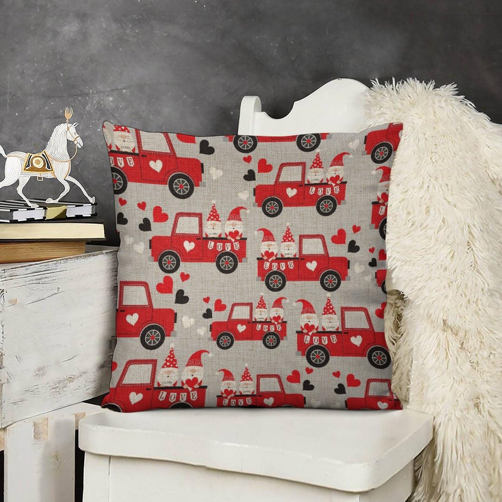 Valentine's Day Truck Throw Pillow Covers 18×18 Pillowcases Set of 2 Cute Gnome Heart Linen Decorative Square Pillow Case Cushion Covers Standard Size for Sofa Couch Outdoor Bed Pillow Protectors