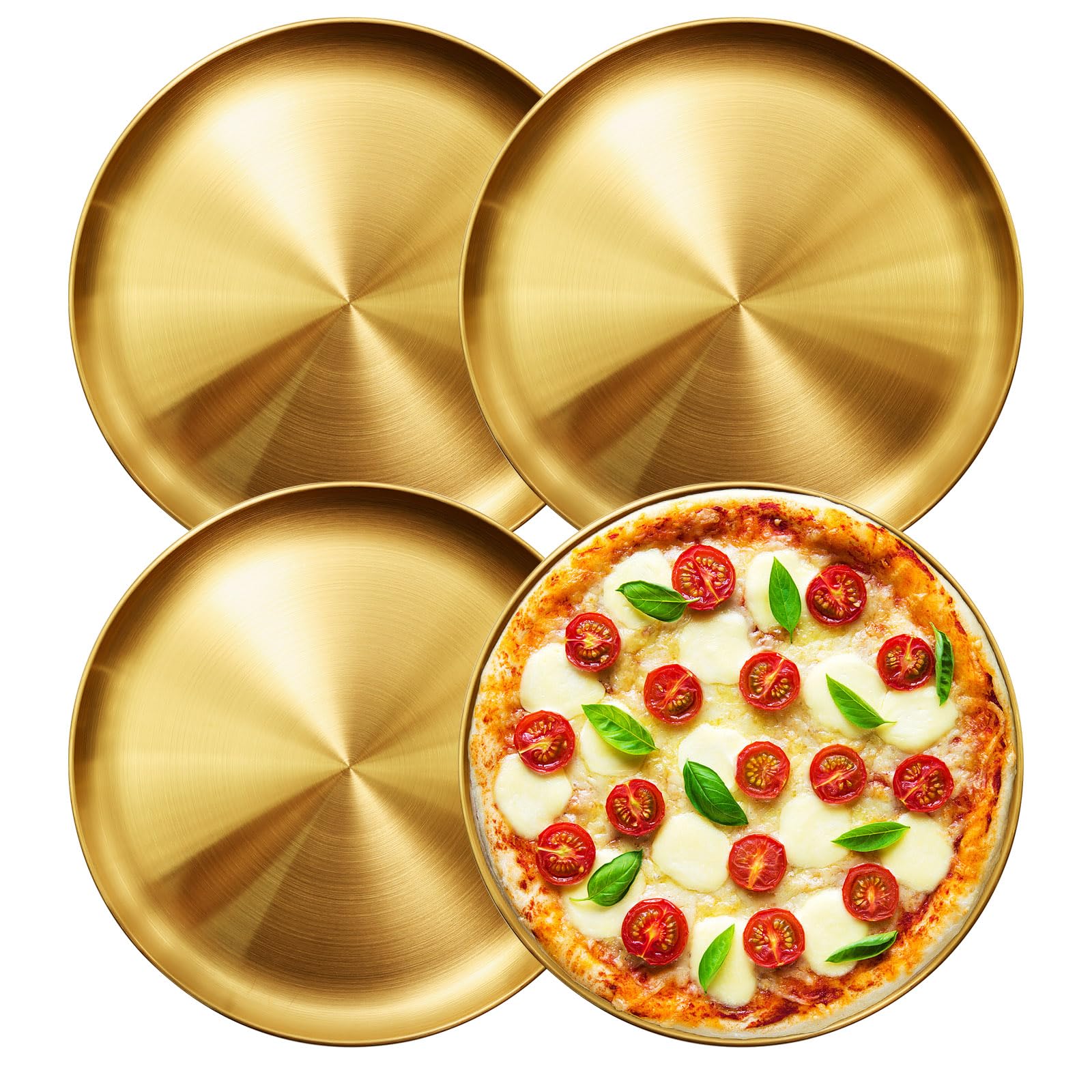 Zreneyfex Stainless Steel Pizza Pan 13½ inch Round Pizza Tray Pizza Baking Sheet for Home Restaurant Party, Healthy & Heavy Duty, Dishwasher Safe & Easy Clean - Set of 4