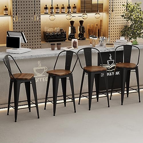 Andeworld 26 Inch Swivel Bar Stools Industrial Metal Barstools High Back Dining Bar Chairs Counter Height Stools with Wooden Seat Set of 4(26inch, Black)