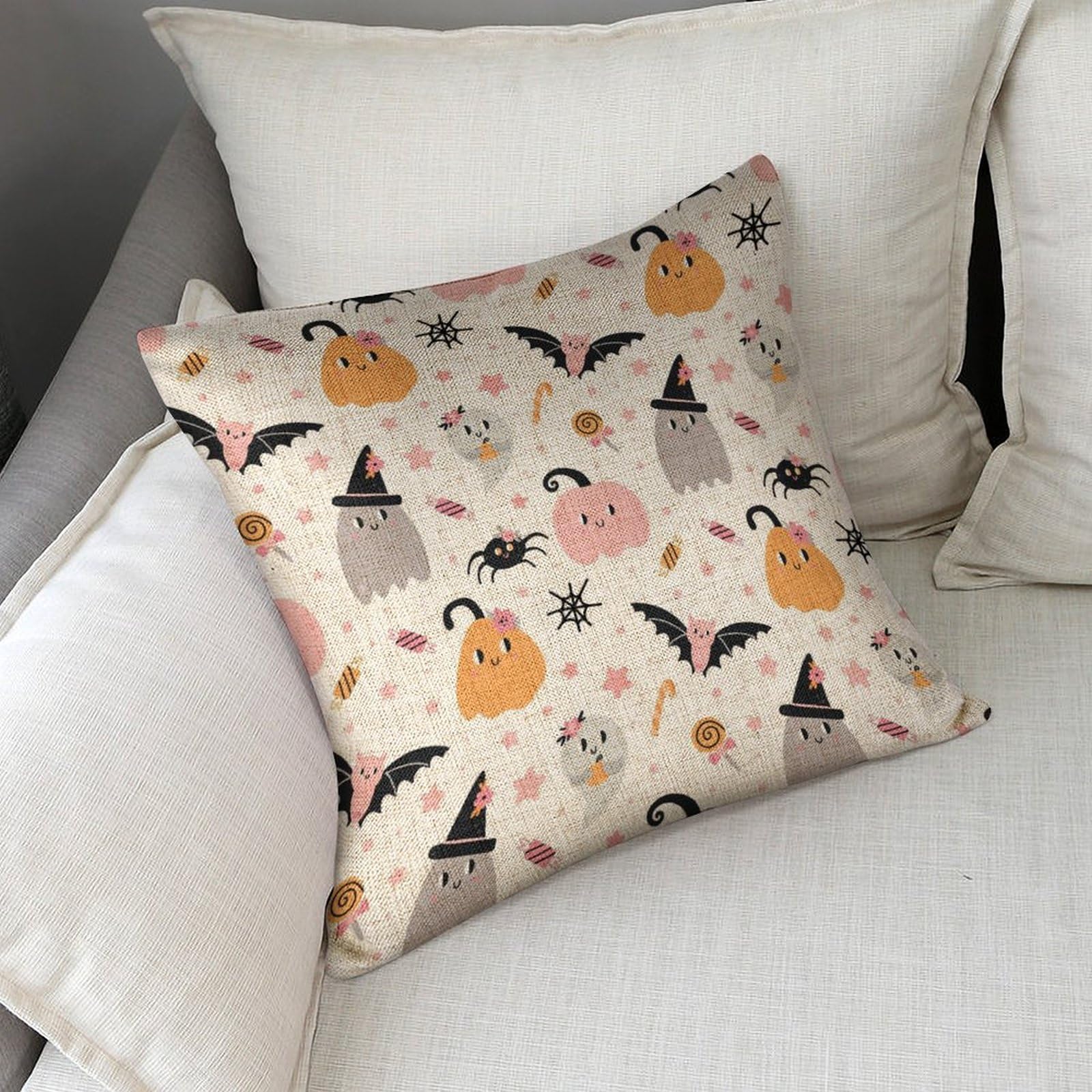 Cute Halloween Ghost Cat Throw Pillow Covers 18×18 Pillowcases Set of 2 Autumn Pumpkin Linen Decorative Square Pillow Case Cushion Covers Standard Size for Sofa Couch Outdoor Bed Pillow Protectors