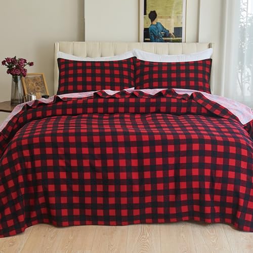 Elegant Comfort Soft 4-Piece 100% Turkish Cotton Flannel Sheet Set - Premium Quality, Deep Pocket Fitted Sheet, Ultra Soft, Cozy Warm Flannel Sheets - King, Buffalo Check Burgundy