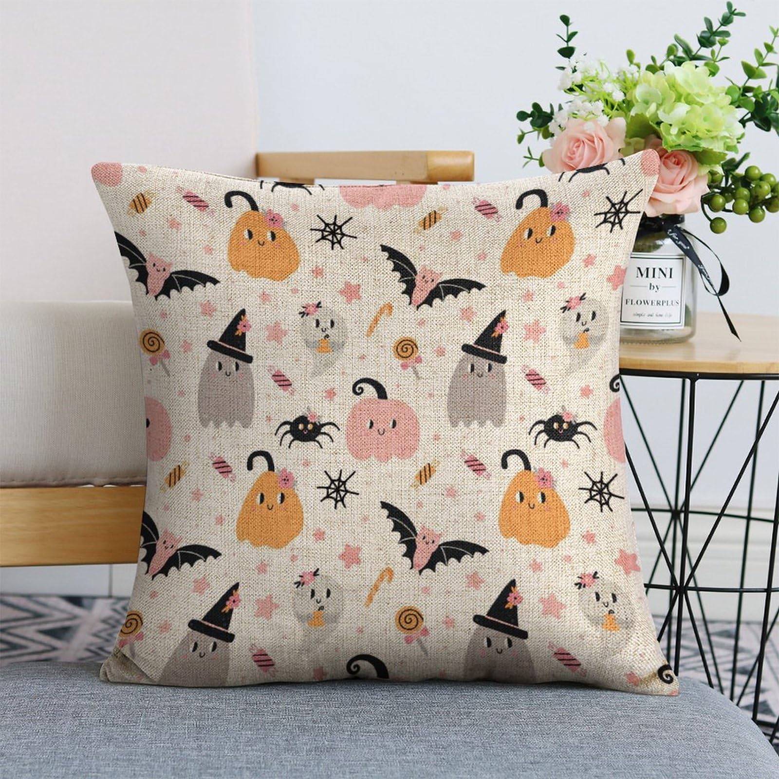 Cute Halloween Ghost Cat Throw Pillow Covers 18×18 Pillowcases Set of 2 Autumn Pumpkin Linen Decorative Square Pillow Case Cushion Covers Standard Size for Sofa Couch Outdoor Bed Pillow Protectors
