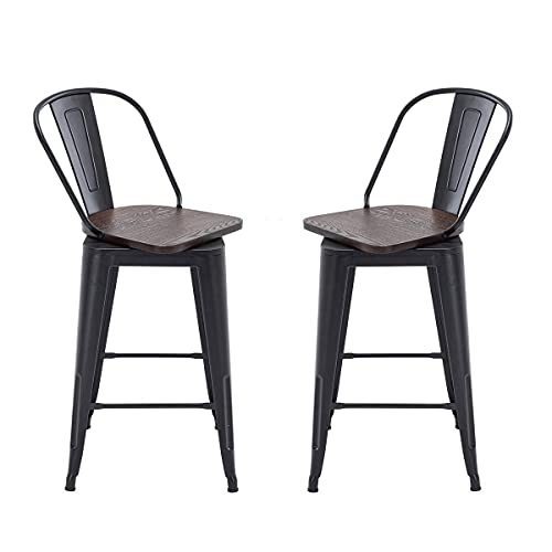 Andeworld 26 Inch Swivel Bar Stools Industrial Metal Barstools High Back Dining Bar Chairs Counter Height Stools with Wooden Seat Set of 4(26inch, Black)