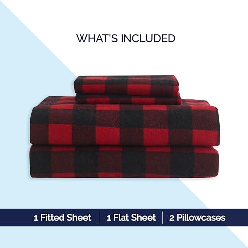 Elegant Comfort Soft 4-Piece 100% Turkish Cotton Flannel Sheet Set - Premium Quality, Deep Pocket Fitted Sheet, Ultra Soft, Cozy Warm Flannel Sheets - King, Buffalo Check Burgundy
