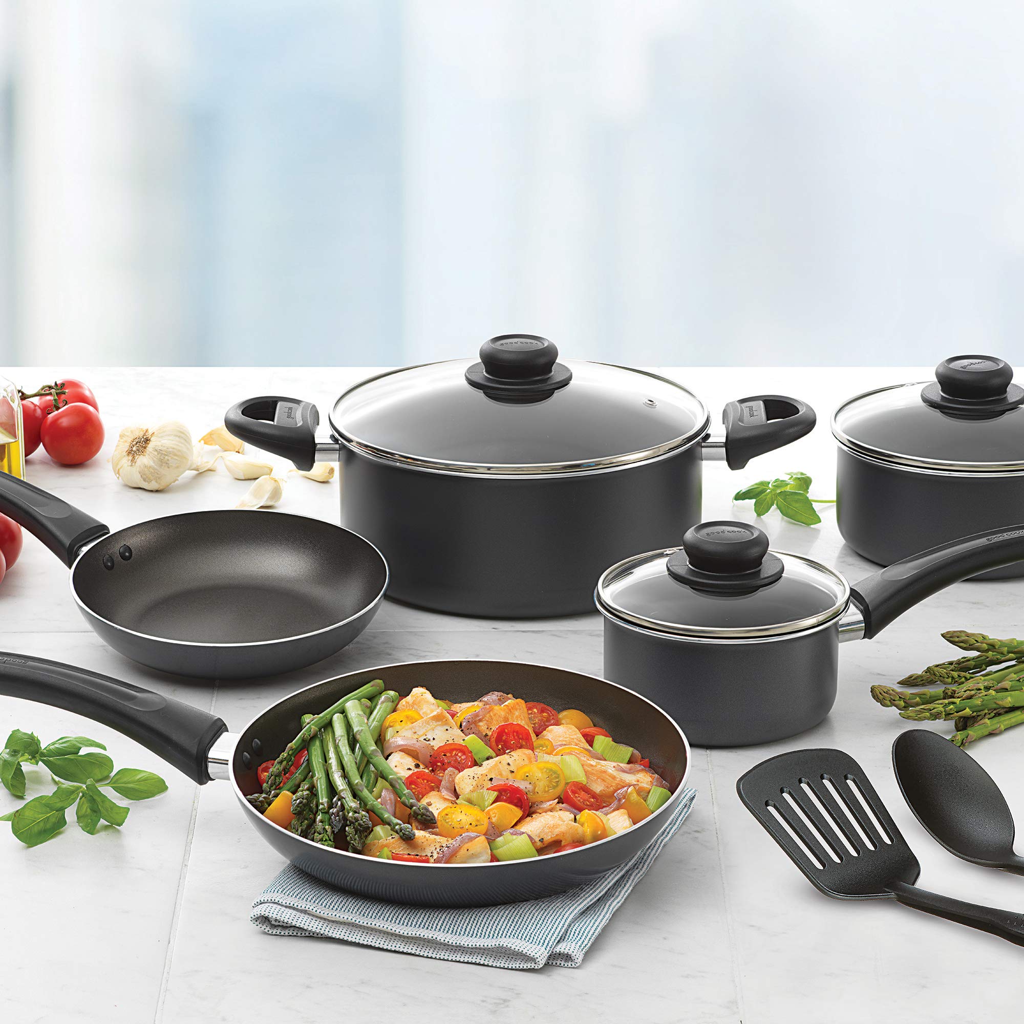 GoodCook Everyday Nonstick 10-Piece Cookware Set with Utensils, Includes Fry Pans, Sauce Pans, and Casserole Pan, PFOA-Free Nonstick Aluminum, Ergonomic Handles, Versatile Cooking Set