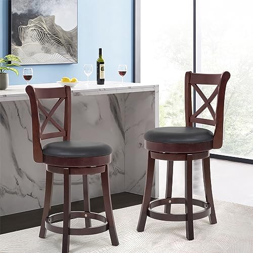 YIQIEDEY Bar Stools,Counter Bar Height Stools with X-Back,Wooden Low Back Bar Stools with 360 Degree Swivel,Kitchen Barstools with PU Leather Upholstery,Brown(39.4" H)
